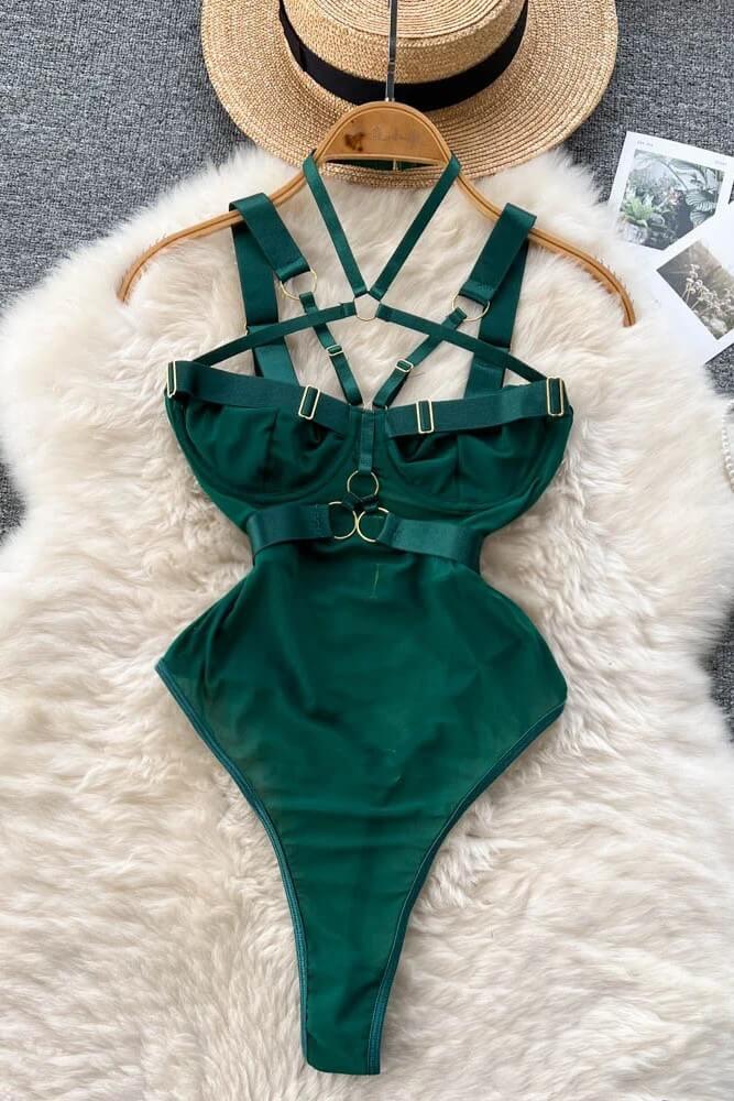 Aya - Body String Transparent - Vert Empire – la petite lingerie